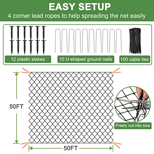 Bird Netting - 50’ x 50’ Poultry Netting with 2.4” Square Mesh for Chicken Coop, Bird Netting for Garden Protection, Heavy Duty Nylon Garden Mesh Netting for Fruit Tree Against Aviary, Deer, Squirrel