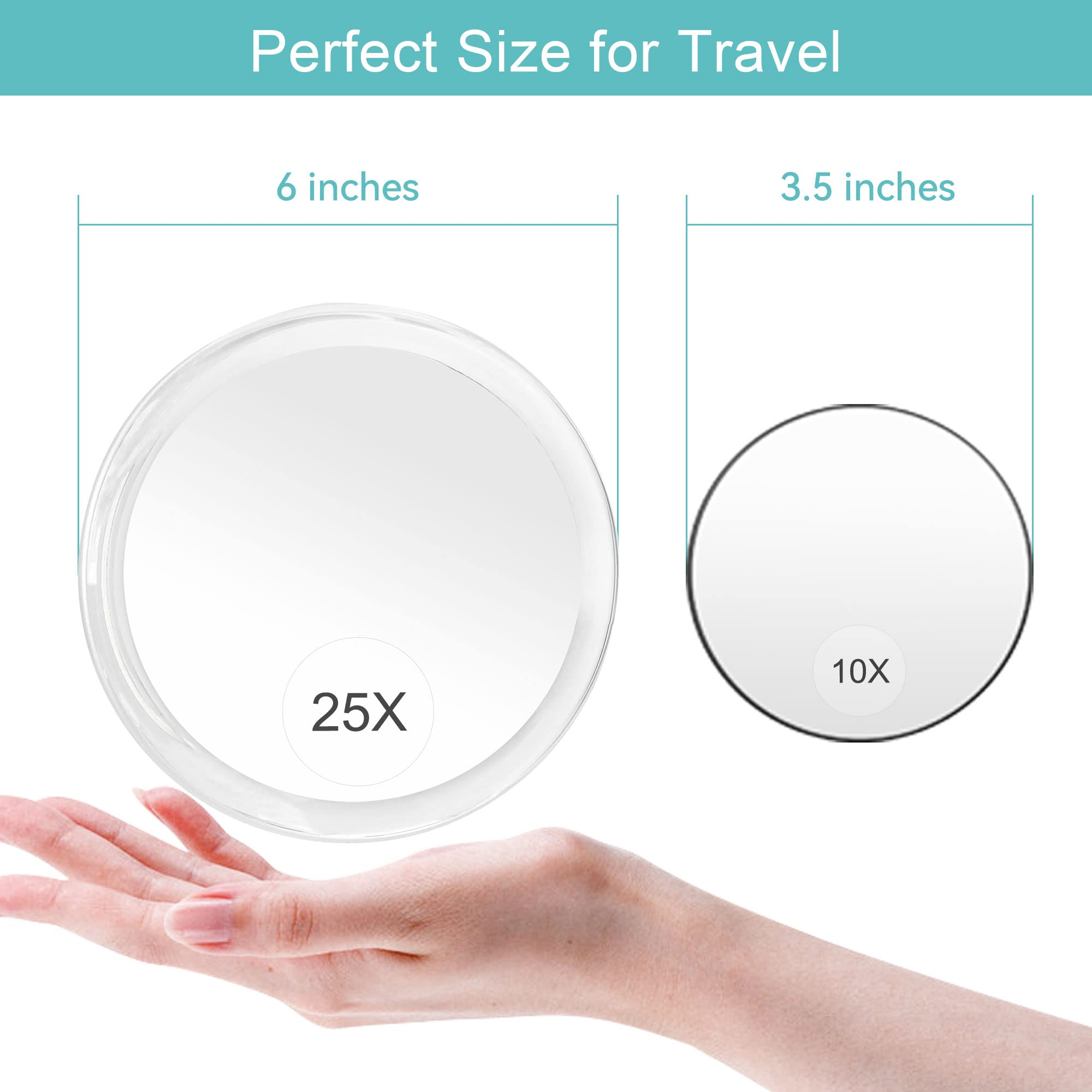 B Beauty Planet 25X Magnifying Mirror with Suction Cups Set for Easy Mounting, 25X 6IN & 10X 3.5IN Travel Magnified Mirror,Close Up Mirror for Precise Makeup Application