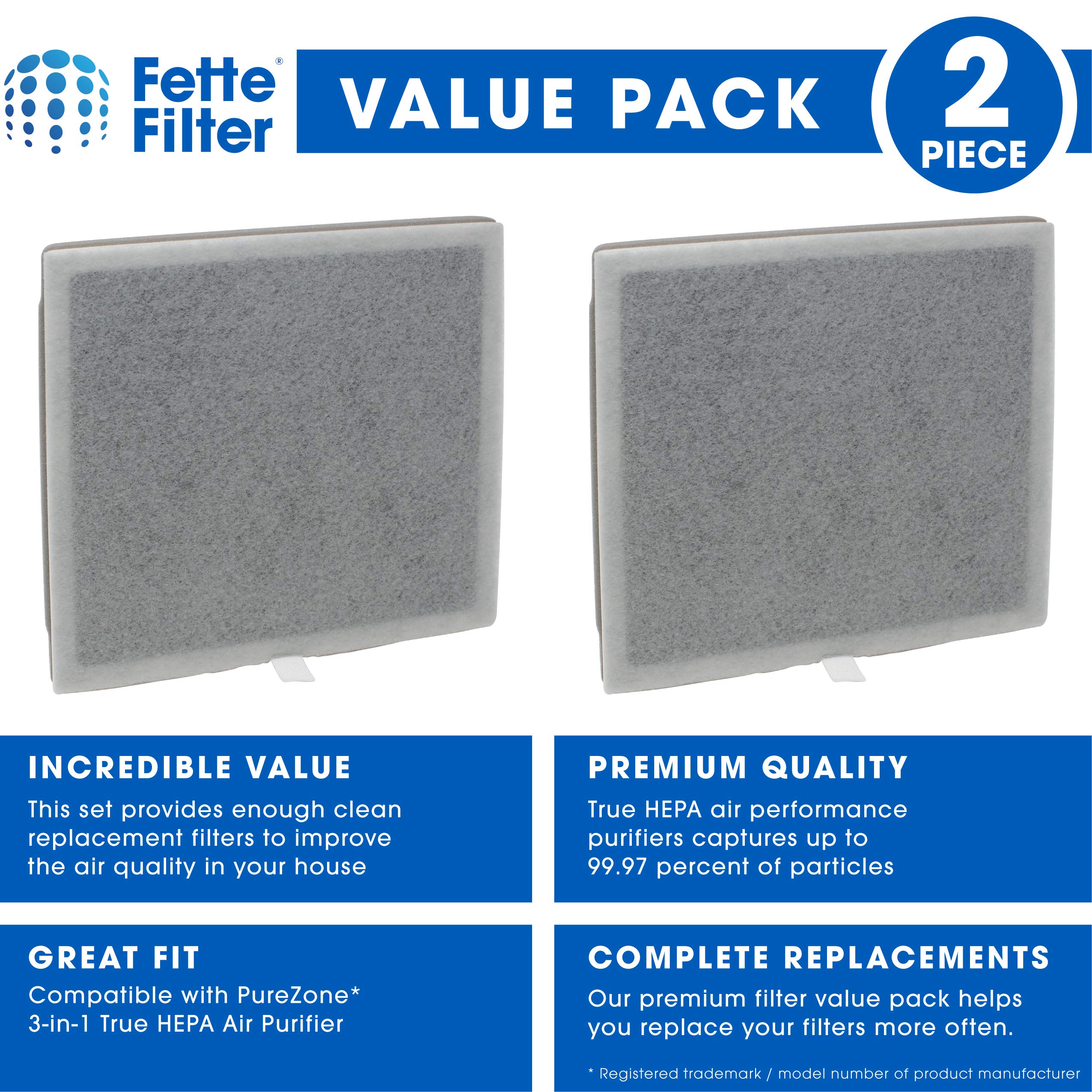 Fette Filter -3-in-1 Replacement Filter Compatible with Pure Enrichment PureZone Air Purifier Compare to Part # PEAIRFIL (2-PACK)