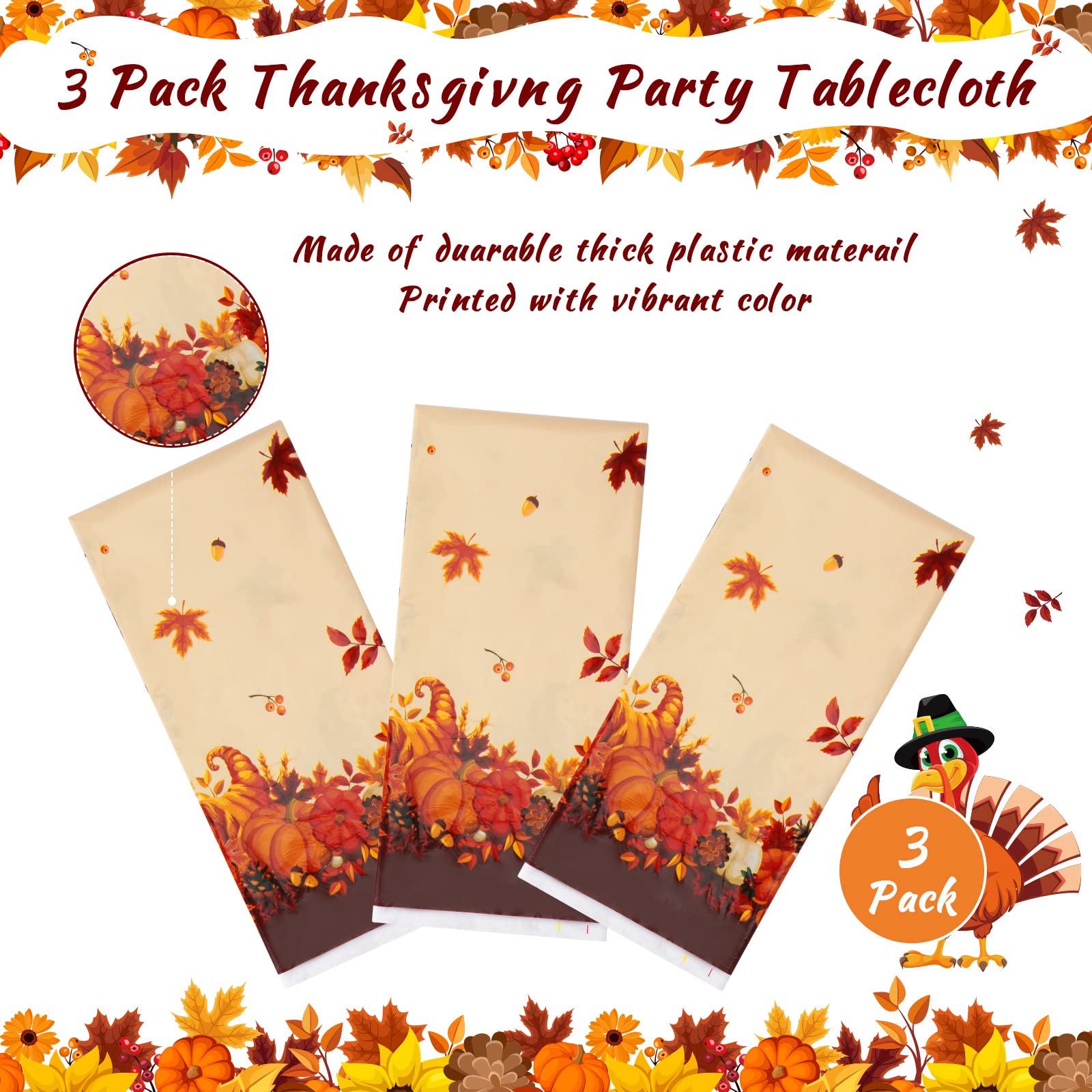 Piklodo 6Pcs Thanksgiving Tablecloth Plastic Fall Table Cover Turkey Disposable Give Thanks Table Cloth Harvest Rectangle Tablecover for Thanksgiving Harvest Party Picnic Table Decor, 54 x 108 Inch