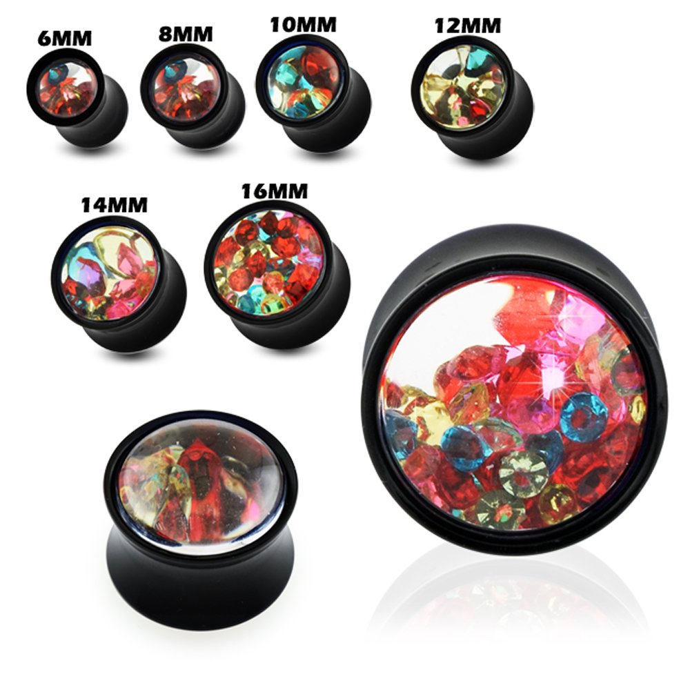 AtoZ Piercing 0 Gauge - 8MM Colorful Multi Colored Crystal Beads in Black UV Acrylic Double Flared Ear Plug - Sold by Piece