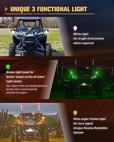 CO LIGHT UTV Side Rear View Mirrors LED Light Aluminium White Green Lights with Amber Turn Signal, Tube Clamp, Fits 1.5-2 Inch Roll Cage Bar, Compatible with Side by Side RZR Pioneer Rhino Wolverine