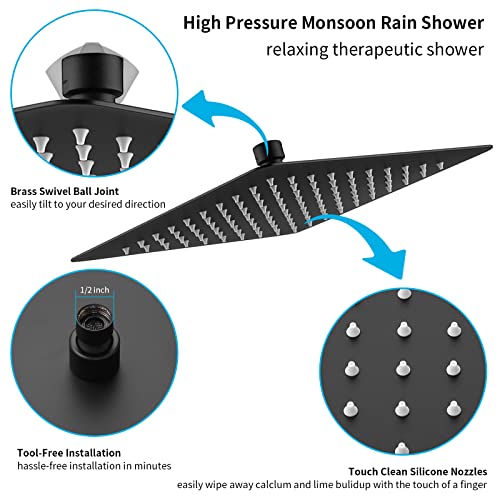 GELE Rainfall Shower Head, 10 Inch High Pressure Shower Head, Ultra -thin Matte Black Shower Head Without Shower Arm, Stainless steel
