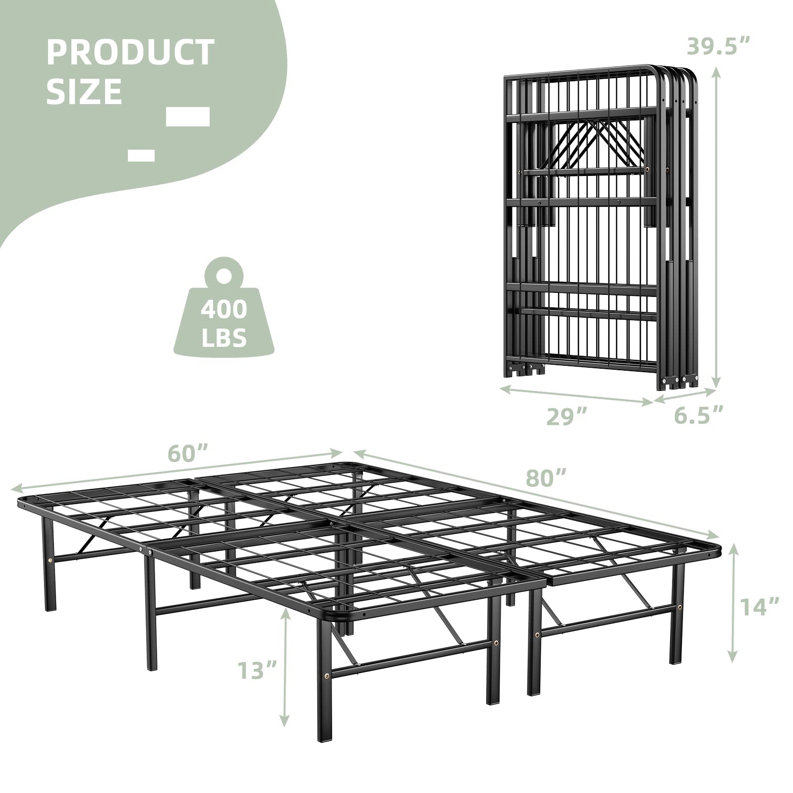 KOMFOTT 14 Inches Metal Platform Bed Frame Queen Size, Heavy Duty Foldable Mattress Foundation with Steel Slat Support, No Assembly Required, No Box Spring Needed, Folding Platform Bed Frame
