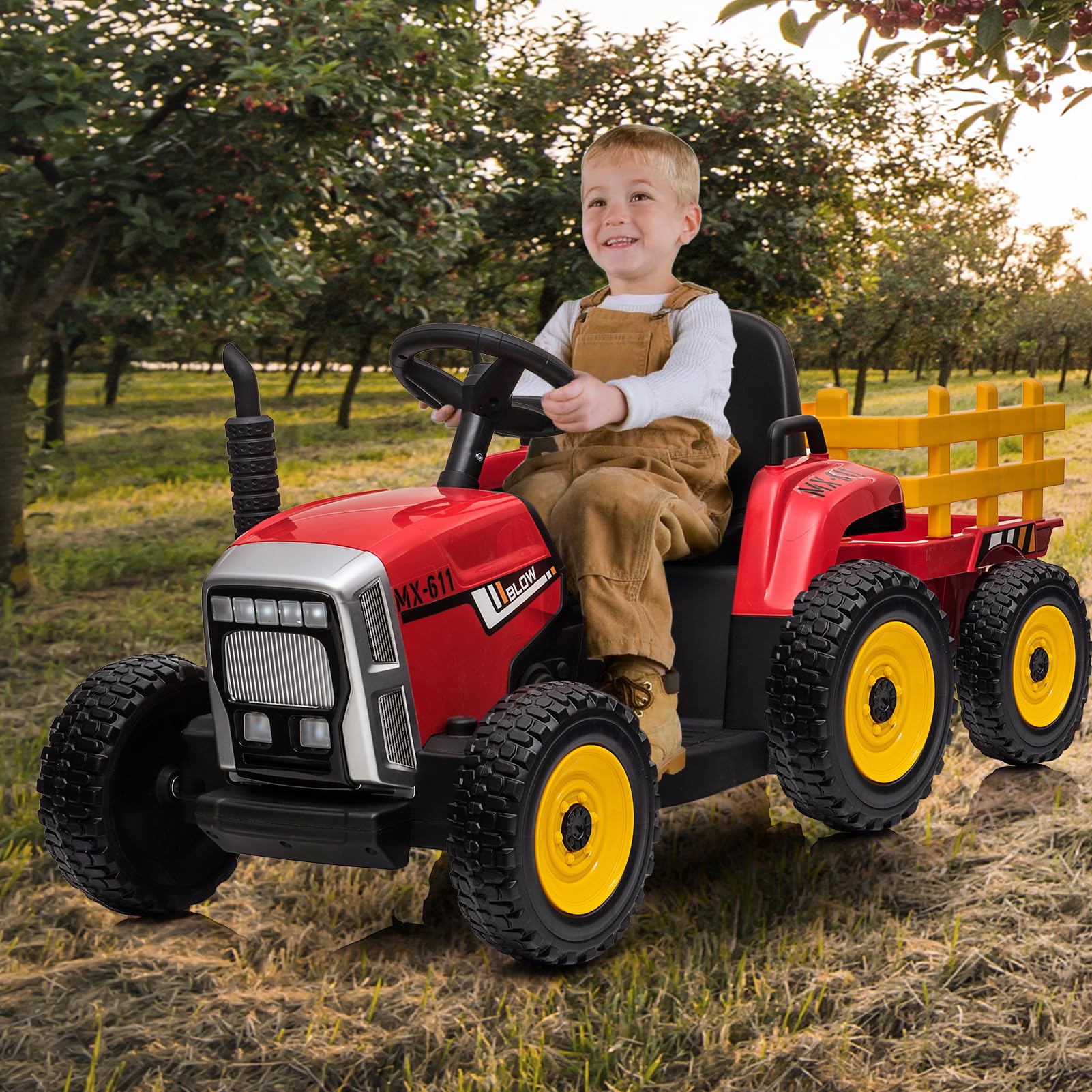 Nasitip 12V Kids Battery Powered Electric Tractor with Trailer, Toddler Ride On Car w/Remote Control, 7-LED Headlights, 2+1 Gear Shift, MP3 Player USB Port for Kids 3-6 Years (Red, 35W/ EVA Tire)