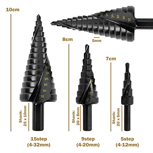 Canitu 3Pcs Nitride Spiral Step Drill Bit Set, 4-12/4-20/4-32 1/4" Hex Shank Cone Titanium Coated HSS Unibit Spiral Grooved Step Drill Bits for Steel, Plastic, Wood, Sheet Metal Hole Drilling