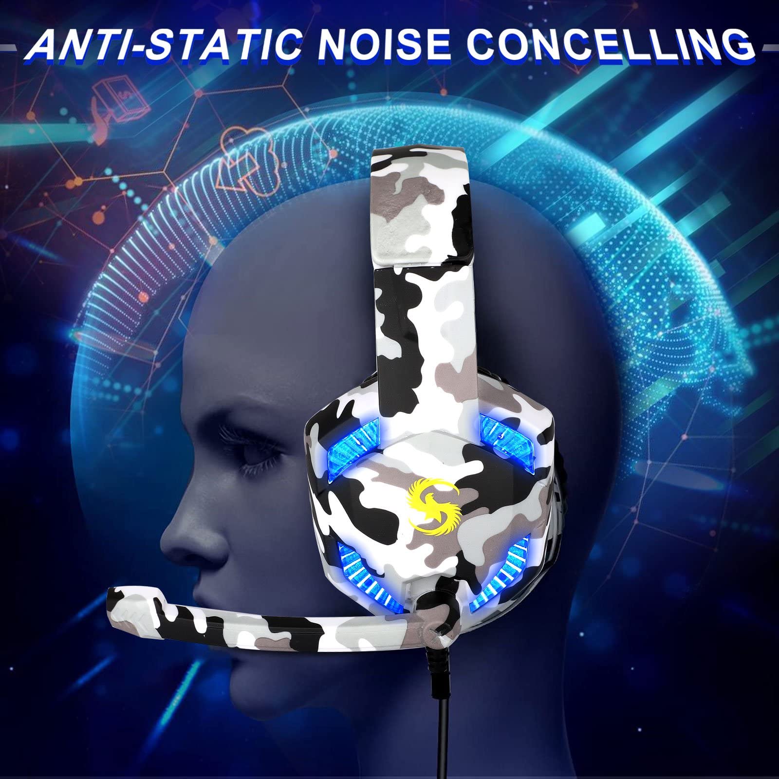 Atrasee Gaming Headset with Microphone for PC PS4 PS5 Xbox One Switch Laptop, Stereo Wired Over Ear Headphones with Surround Sound, Noise Cancelling, Soft Earmuffs, 3.5mm Aux, Camouflage