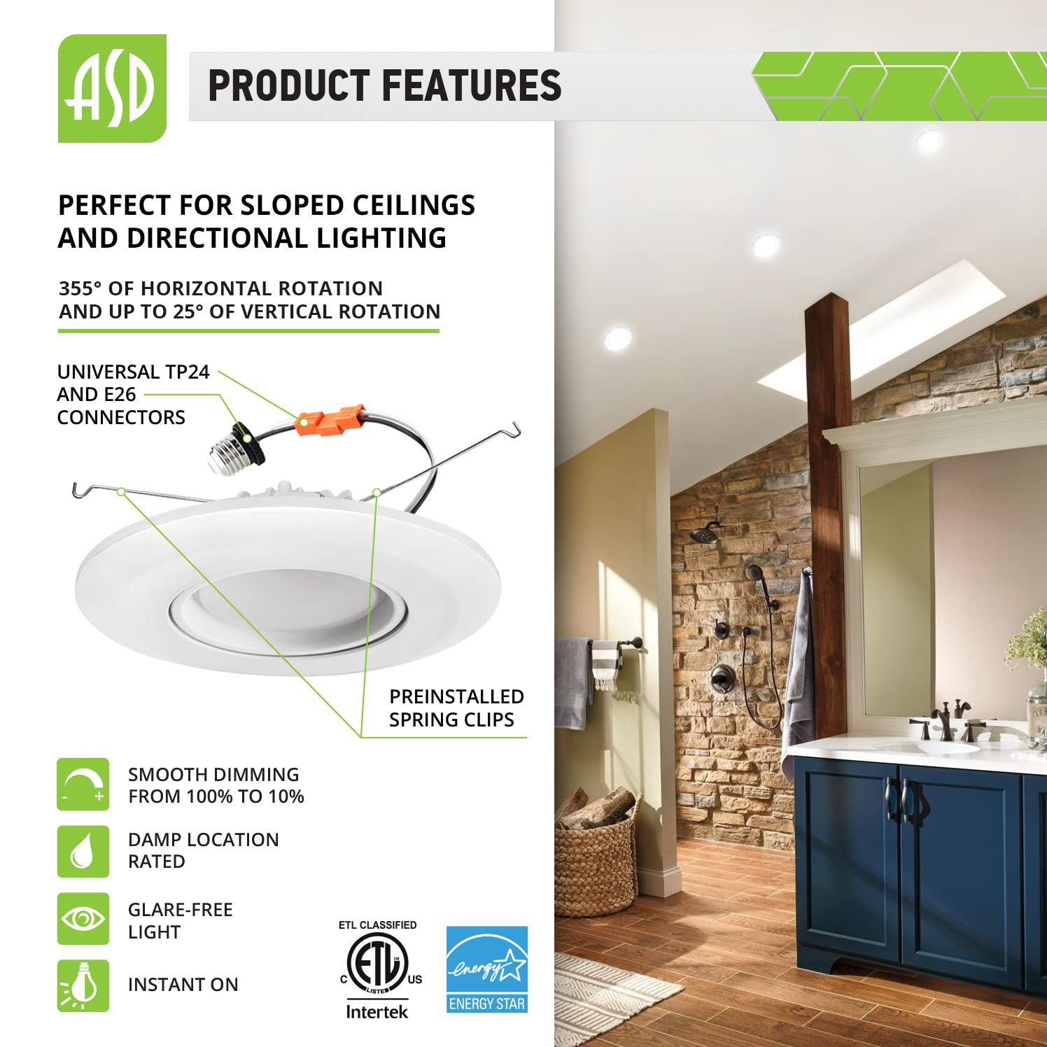 ASD 6 Gimbal LED, LED Can Lights, 15W - 110W Replacement, 1010 Lm Dimmable Ceiling LED Lights, 3000K Warm White, CRI 90, Retrofit LED Recessed Lighting, ETL, 6 Pack