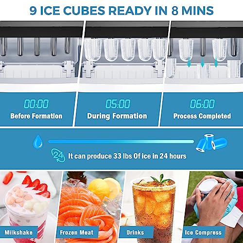 Countertop Ice Makers Countertop Ice Machine Elechelf,33Lbs/24Hr's,Bullet Icer Maker Machine,9 Pcs Cube Ready in 8-15mins with Scoop and Basket,Perfect for Home/Kitchen/Party/Office(Sliver)