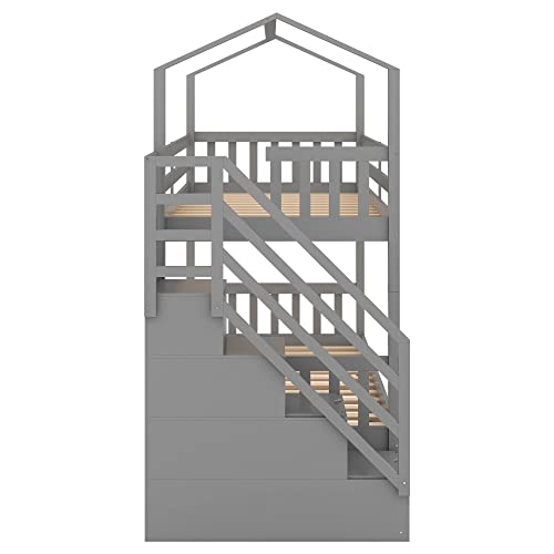 DEYOBED Twin Over Twin Wooden Bunk Bed with Storage Staircase for Kids and Teens