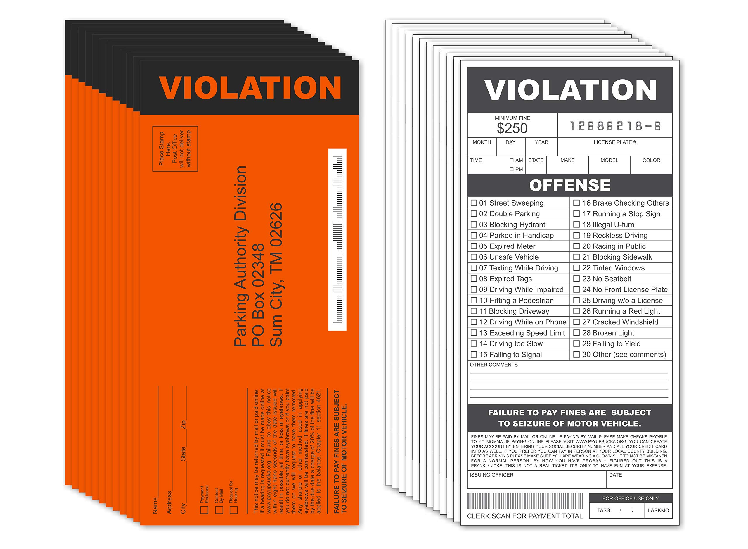Fake Parking Tickets Prank - Qty 25, Joke Violation Parking, Funny Gag Pretend Police Traffic and Safety Car Citations, Kid Friendly