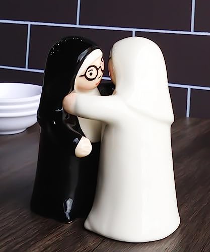 Ebros Gift Black And White Dressed Nuns Dancing Salt And Pepper Shakers Ceramic Figurine Set 3.5"H Hugging Nun Religious Inspirational Funny Themed Accents