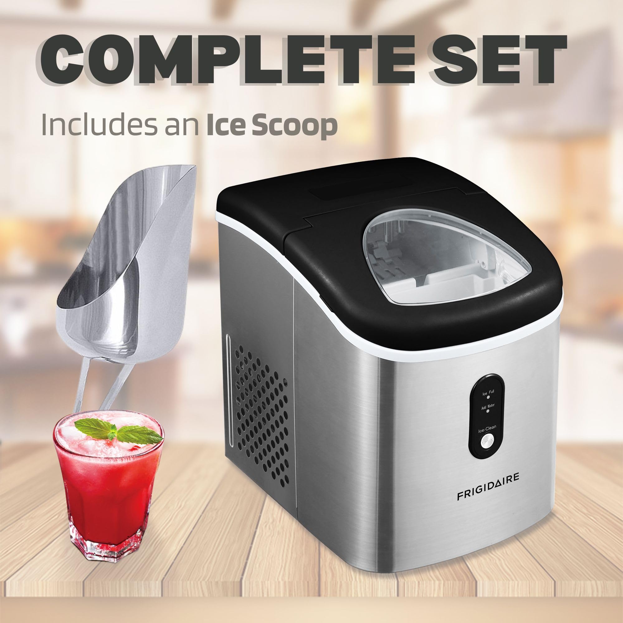 Frigidaire Stainless Steel Ice Maker Machine - Heavy Duty - Makes 26 lbs of Clear Ice Per Day - Digital LED Control Panel - Transparent Window - 1.2 Quart Water Reservoir - Stainless Steel