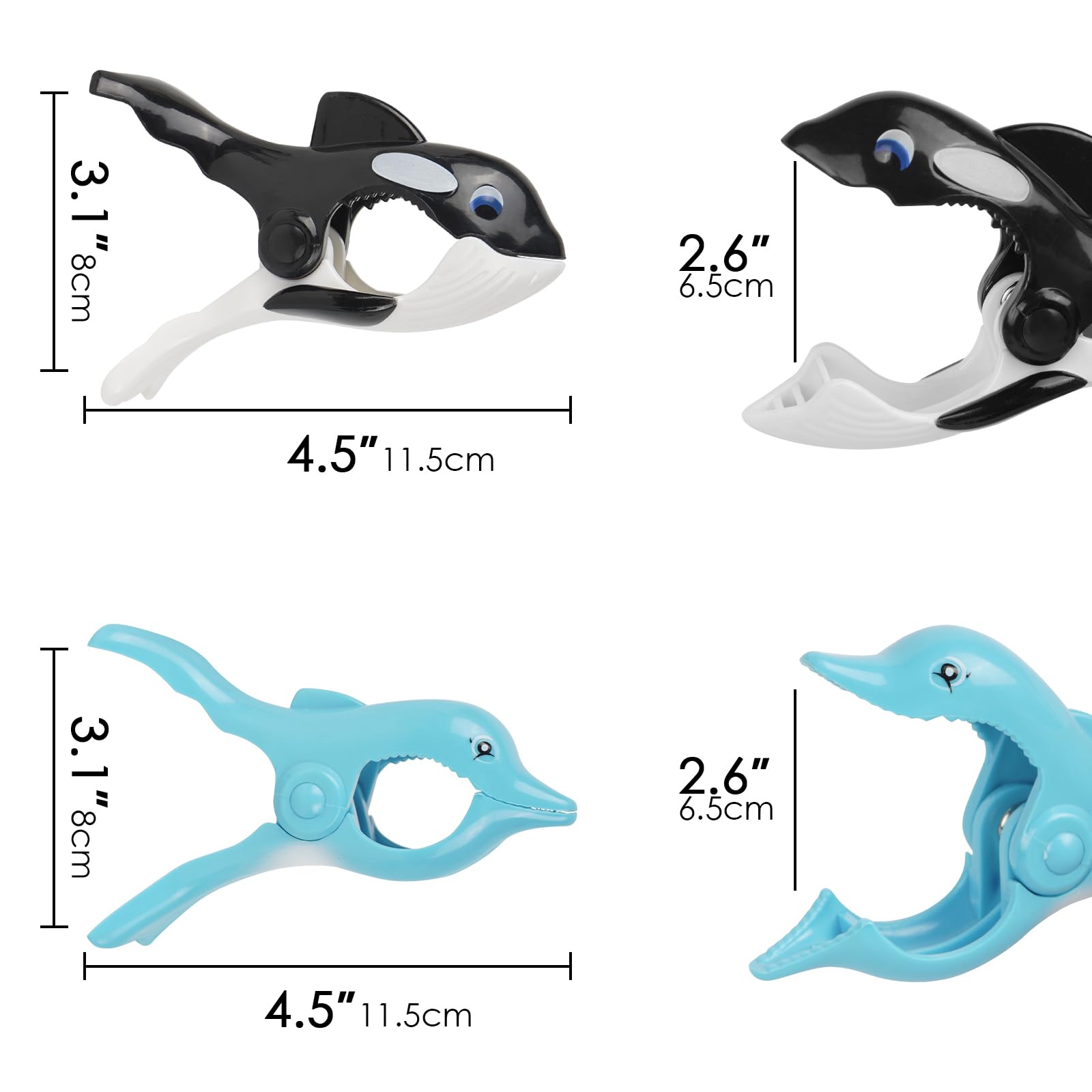 CAIRIAC Dolphin Beach Towel Clips, Windproof Plastic Clothespins, Animal Towel Laundry Clips for Beach Chair Pool Picnic Camping(4 Packs)