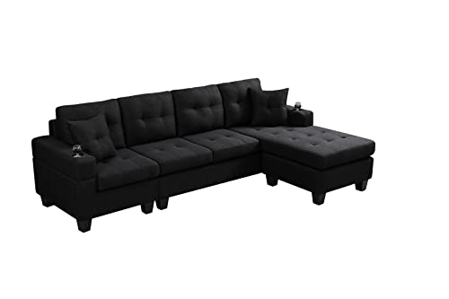 BIADNBZ Modern Sectional Sofa Set with Reversible Chaise Lounge,2 Pillows and Cup Holders,4-Seat L-Shaped Upholstered Couch for Living Room Office Apartment, Black