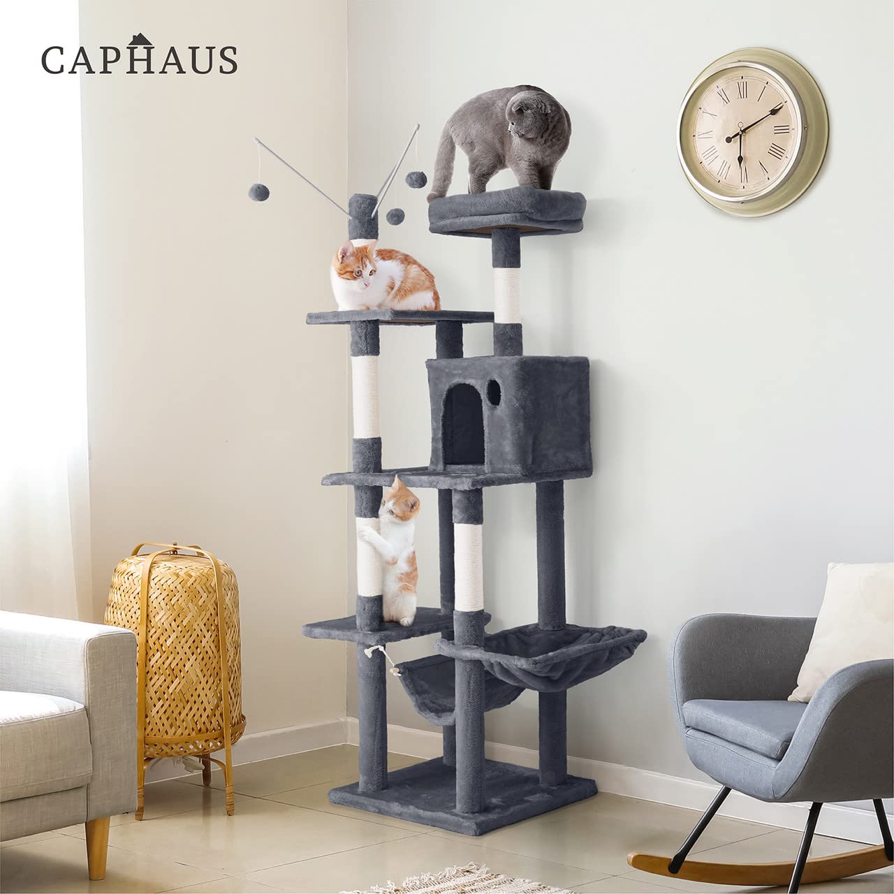 CAPHAUS 70-Inch Activity Tree with Hammock, Multi-Level Modern Cat Climbing Play Tower w Tall Top Perch, Cat Cave Condo, Indoor Cat Treew Cute Scratching Posts for Large Cats Kittens