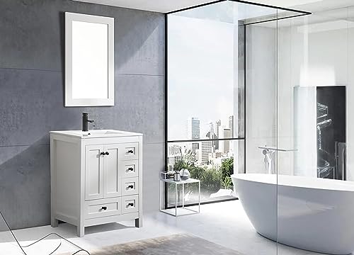 eclife 30'' Bathroom Vanities Cabinet with Sink Combo Set, Undermount Ceramic Sink w/Thickened Wood, Matte Black Faucet, High-Definition Mirror,White