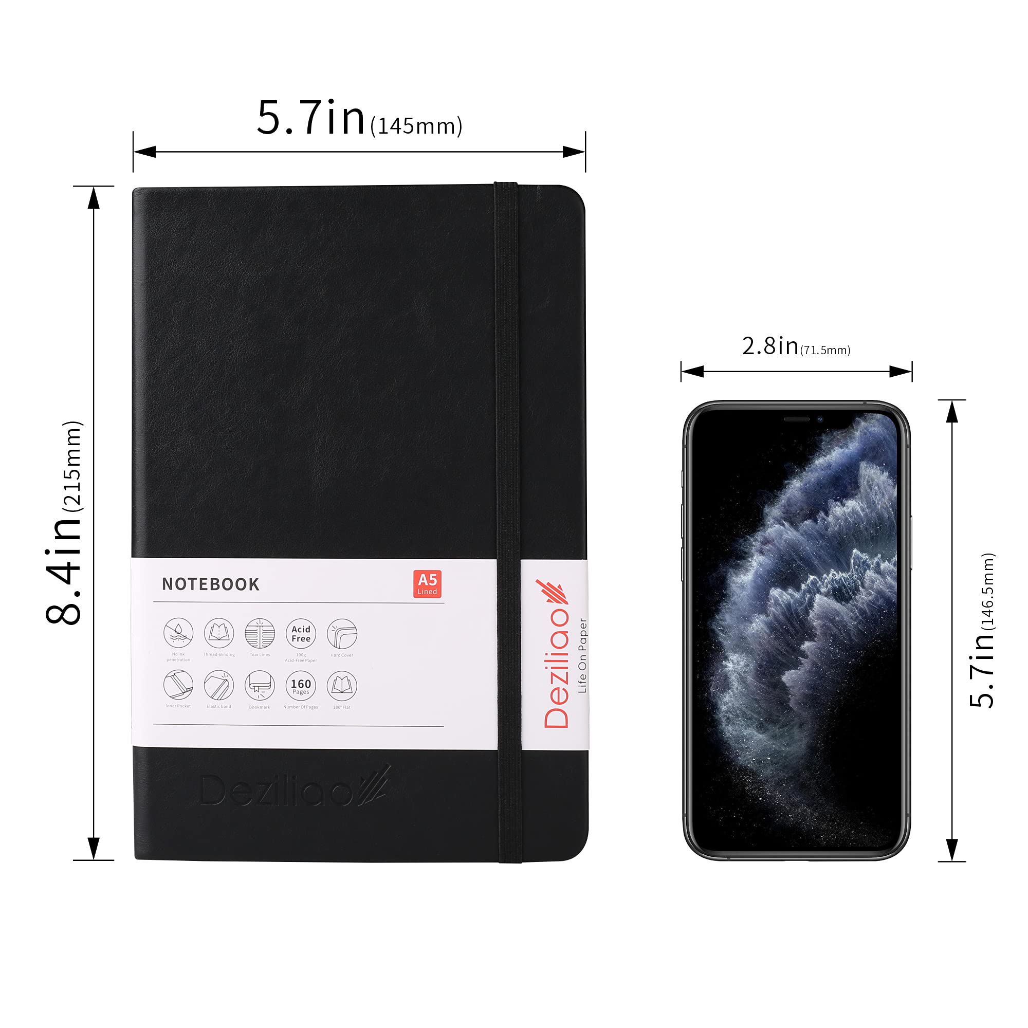Deziliao Hardcover Notebook Journal 160 Pages, Lined Journal Notebooks for Work, 100Gsm Premium Thick Paper with Pocket, Medium 5.7"x8.4" (Black, Ruled)