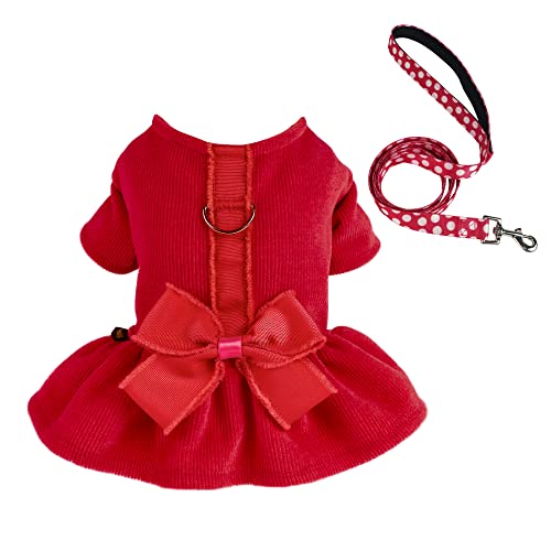 Fitwarm Dog Harness Dress with Leash Set, Christmas Dog Clothes for Small Dogs Girl, Cat Winter Apparel, Red, X-Small