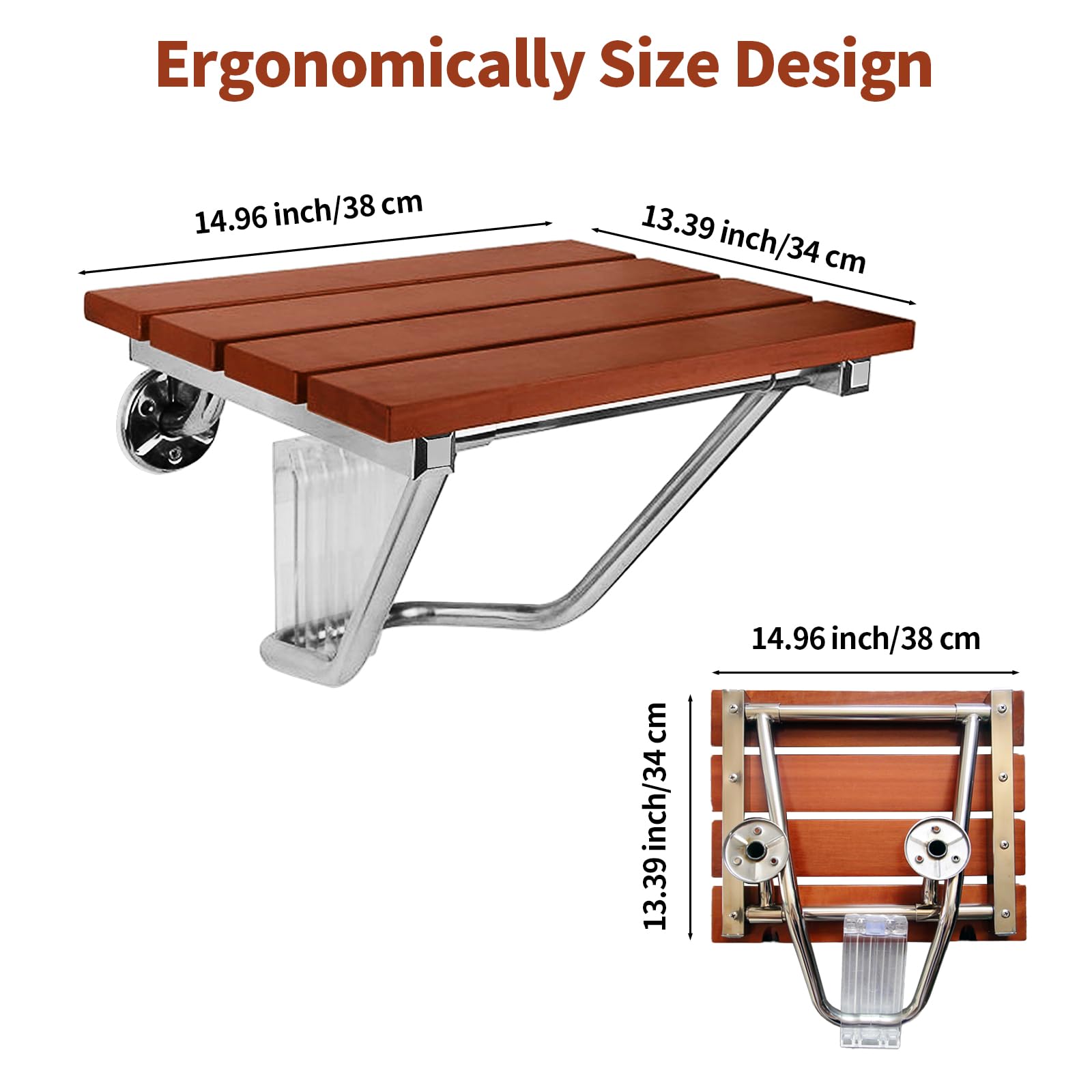 ExGizmo Folding Teak Shower Seat and Bench Wall Mounted,Shower Stool Collapsible,Foldable Shower Chair for Shower Bathroom Bathtub Small Space