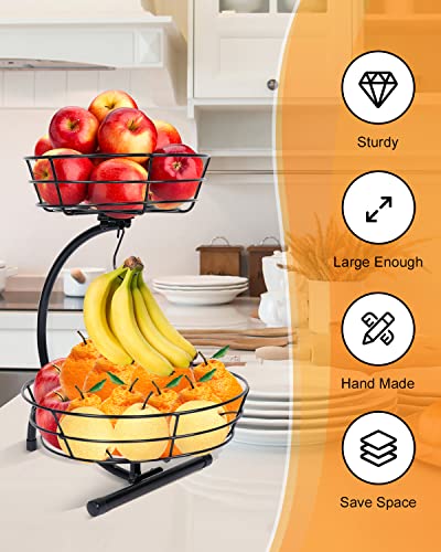 covsus 2 Tier Countertop Fruit Basket Bowl with Banana Hanger for Kitchen Counter, Wire Fruit Stand Holder for Fruits Vegetable Storage, Black