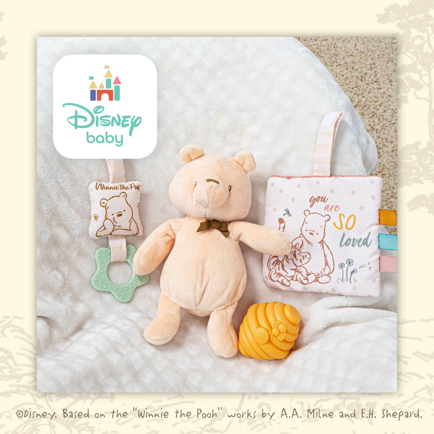 KIDS PREFERRED Classic Pooh 4 Piece Set with Pooh Stuffed Animal, Squeaker Toy, Crinkle Square, and Teether