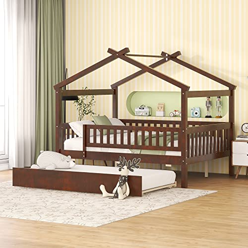 DHHU Daybed with Trundle, Full Size Wooden House Bed with Twin Size Trundle Bed, Wood Bed Frame with Roof and Safety Guardrail for Kids, Teens, Boys or Girls, No Box Spring Required