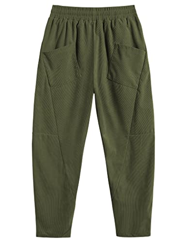 COOFANDY Men Corduroy Pants Drawstring Waist Loose Casual Long Trousers with Pockets, ArmyGreen, XL