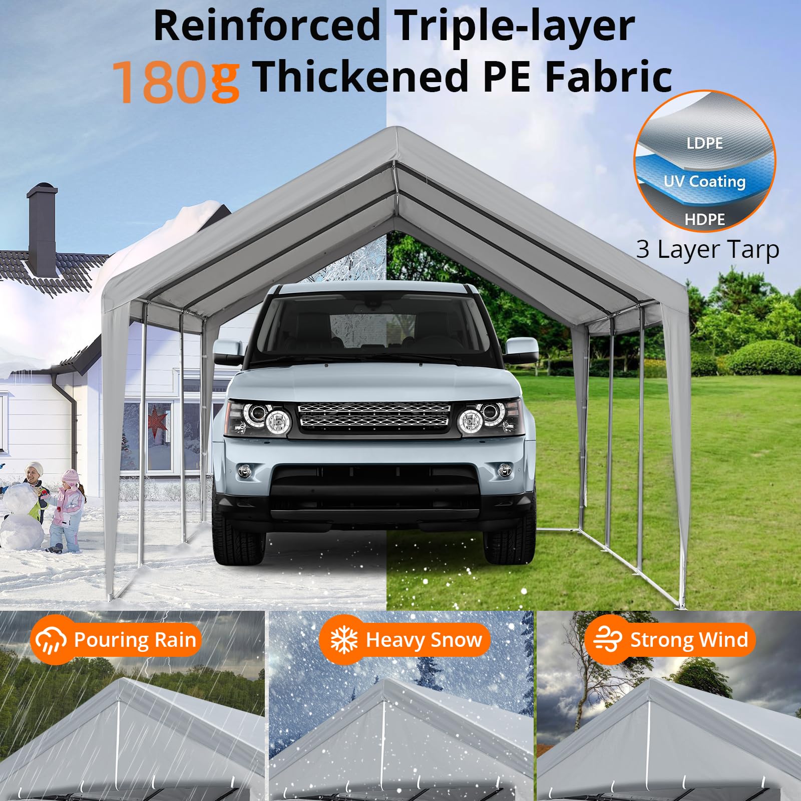 Carport Canopy 10x20 Heavy Duty, Car Tent with Sidewalls & Doors Removable & Roll-up and Down mesh Windows, Portable Garage All Weather, Car Canopy for SUV & Boats & Truck, Gray