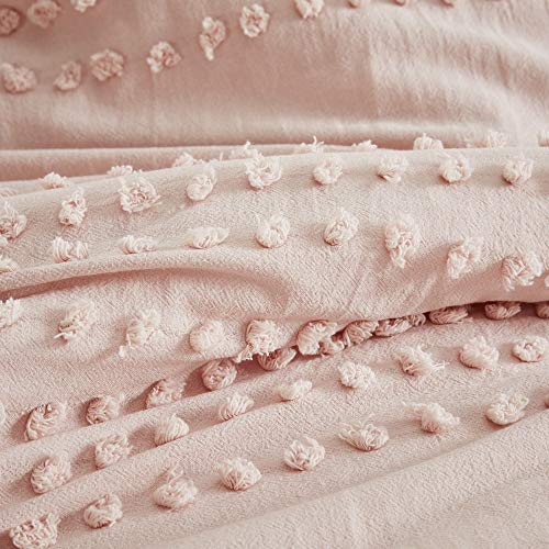 Comfort Spaces 100% Comforter Set Cotton Jacquard Pom Tufts Design Hypoallergenic Down Alternative, All Season Modern Bedding, Matching Shams, Full/Queen, Phillips, Blush