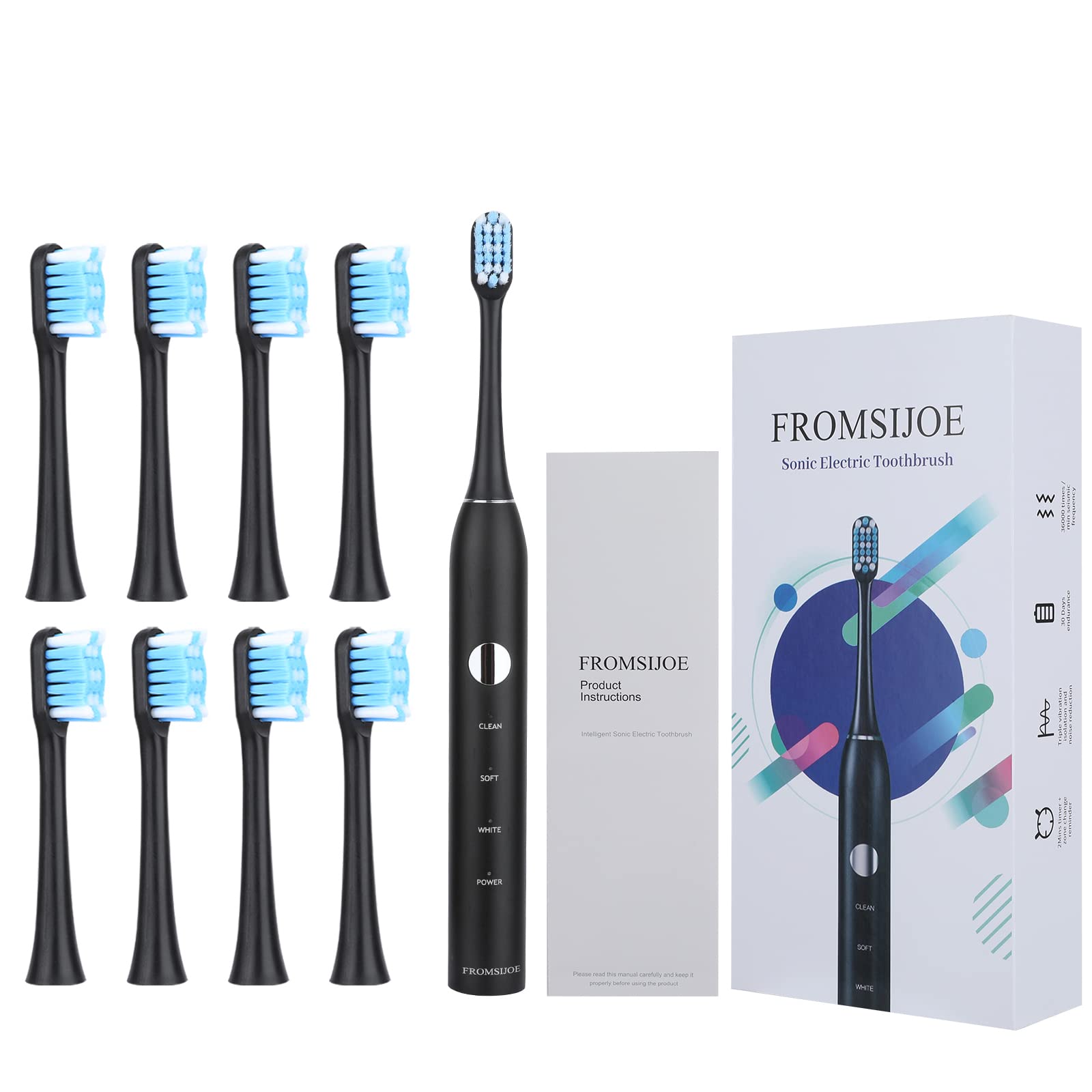FROMSIJOE Sonic Electric Toothbrush,Ultra Whitening Toothbrush with 8 Brush Heads & Travel Case,3 Modes,2 Minutes Smart Timer,3 Hours Fast Charge for 30 Days-8 Dupont Brush Heads Included-Black