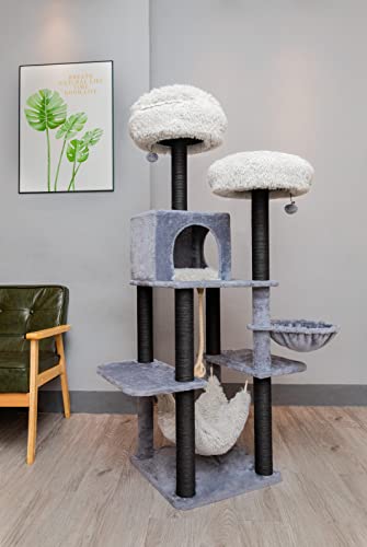 Catry Babylon Cat Tree - A Dynamic Complex Cat Tower with Cat Hammock, Scratching Post, and Playful Toys Invariably Trap Kitten to Stay Around This Easy Assembled Sturdy Cat Furniture, Classic Grey