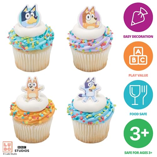 DecoPac Bluey So Much Fun Rings, Cupcake Decorations Featuring Bluey, Bingo, Bandit, and Chilli, 3D Food Safe Cake Toppers – 24 Pack