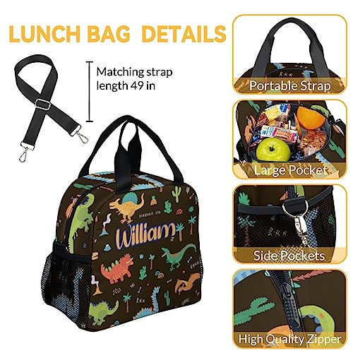 Custom Dinosaur Backpack with Lunch Box for Boys Girls, Personalized Set of 3 School Backpacks Matching Combo, Cute Colorful Bookbag and Pencil Case Bundle