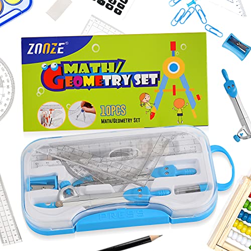 Geometry Kit, ZOOZE 10-Piece Math Tool Kit with Compasses, Protractor, Pencil, Eraser, Sharpener, Set Square, Triangle, 6β Ruler, Lead Refills, Storage Box