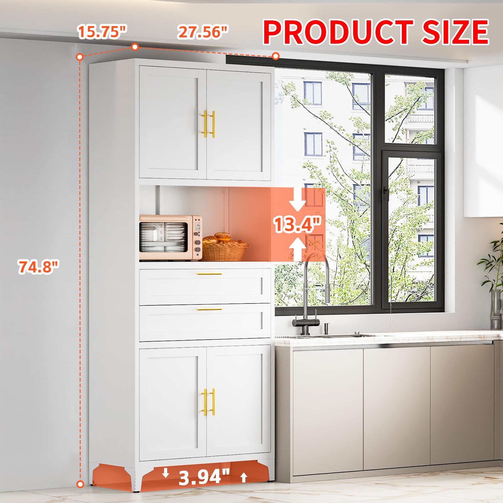 FogQueen 75" Tall Metal Storage Cabinet,Pantry Storage Cabinet with 2 Drawers and Open Space,Kitchen Cupboard with Adjustable Shelves,Multi-Functional Cabinet for Living Room,Bathroom,Garage (White)