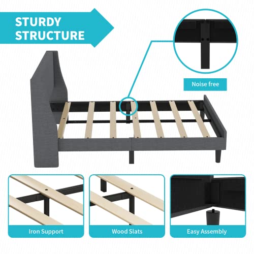 CECER Full Size Bed Frame, Modern Bed Frame with Upholstered Headboard & Broad Wingback Wooden Slat Support, No Box Spring Needed - Dark Grey