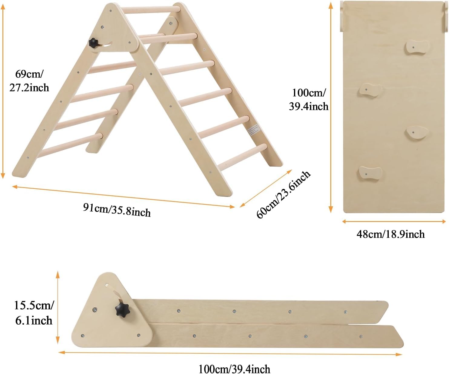 Giant bean Foldable Wooden Climbing Triangle with Sliding Ramp, 3 in 1 Pikler Triangle Climbing Toys for Toddlers, Kids Indoor Climbers & Gym Play Structures for Boys Girls