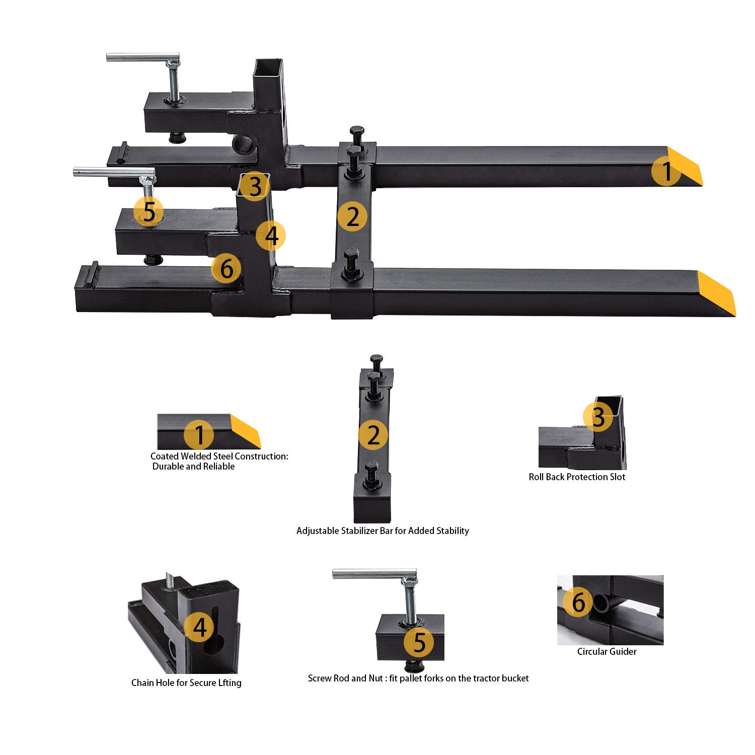 Atatod Heavy Duty Clamp on Pallet Forks w/Adjustable Stabilizer Bar -60" 4000lbs Max- Pallet Forks Clamp On for Tractor Bucket (60inch Total Length)