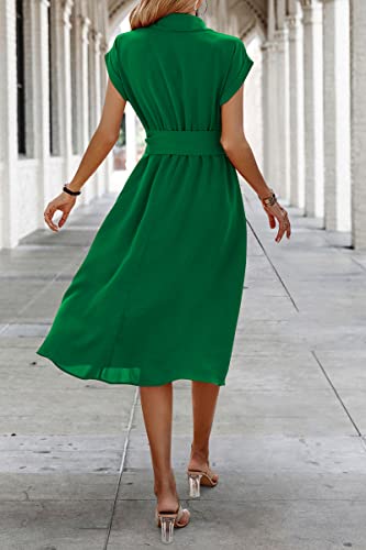 ECOWISH Womens Casual Midi Dresses Solid V Neck Short Sleeve Shirt Dress with Pockets for Spring Summer 2023 Green L
