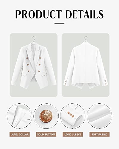 CRAZY GRID Womens Double Breasted Blazer Jackets Open Front Business Casual Suit Jacket Long Sleeve Dressy Blazer Lapel Gold Button Ladies Work Office Blazer White Medium