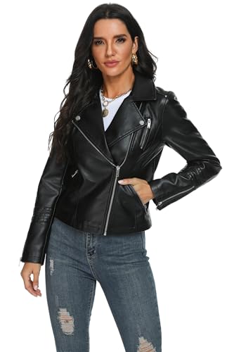 Fahsyee Women's Leather Jackets, Faux Motorcycle Plus Size Moto Biker Coat Short Lightweight Vegan Pleather Fashion, Black, M
