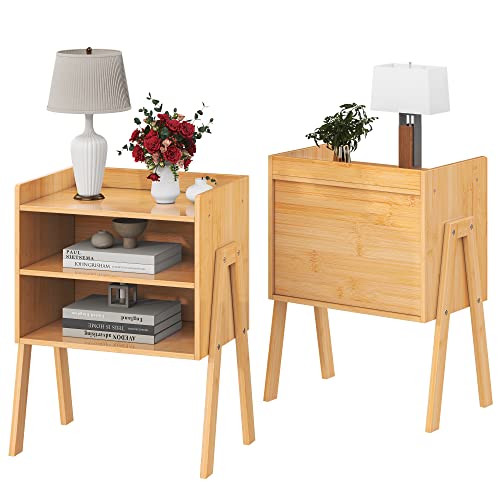 Bigbiglife Nightstands Set of 2, Stackable Bedside Tables with 2-Tier Open Storage Compartments, Modern Side Table, End Table with Solid Bamboo Legs for Bedroom - Easy to Assemble, 2 Pack