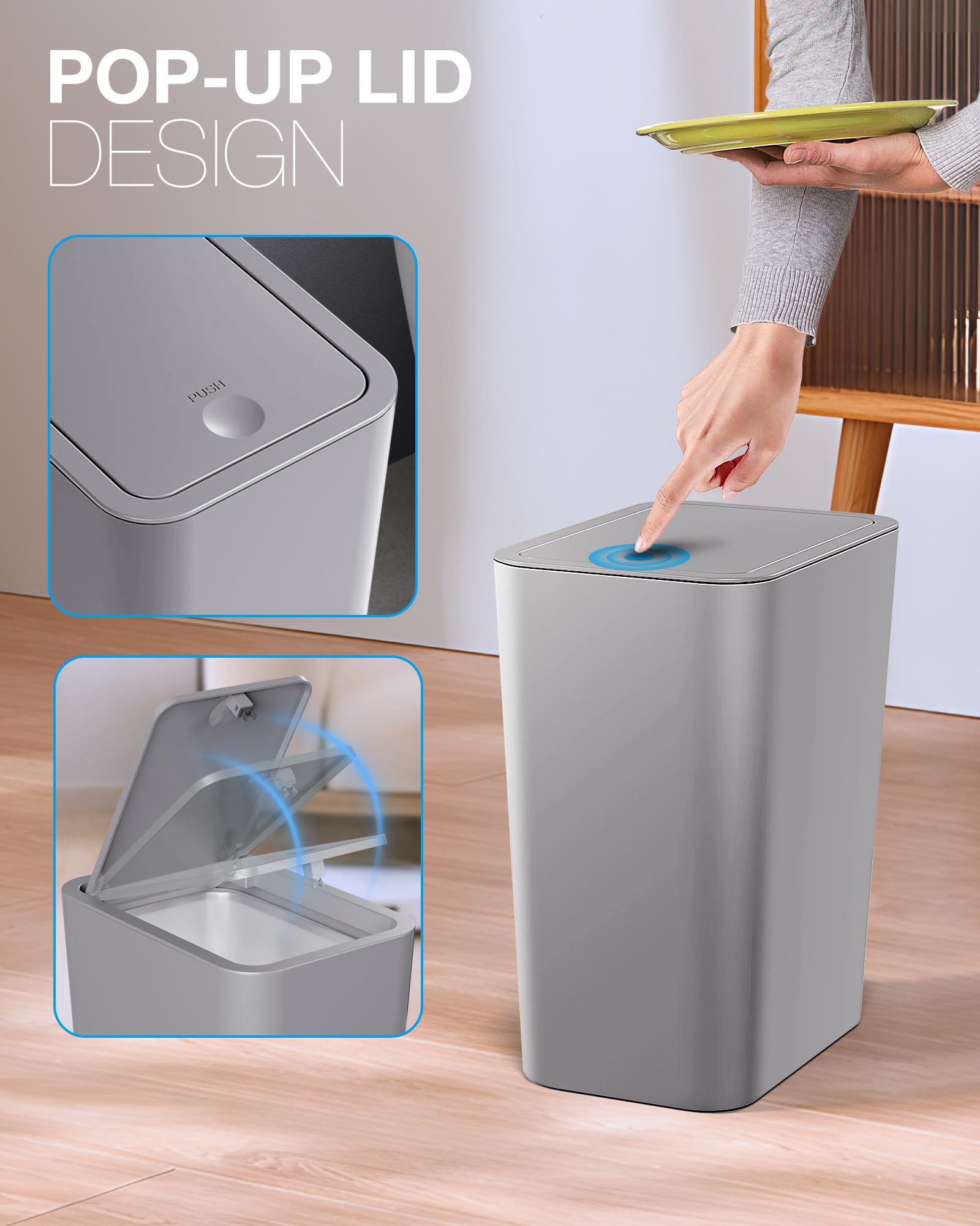 ITCPRL Bathroom Trash Can with Lid, 2 Pack 4 Gallons/15 Liters Garbage Can with Pop-Up Lid, Small Plastic Trash Can, Slim Trash Bin Waste Basket for Bathroom, Bedroom, Office, Living Room(Grey)