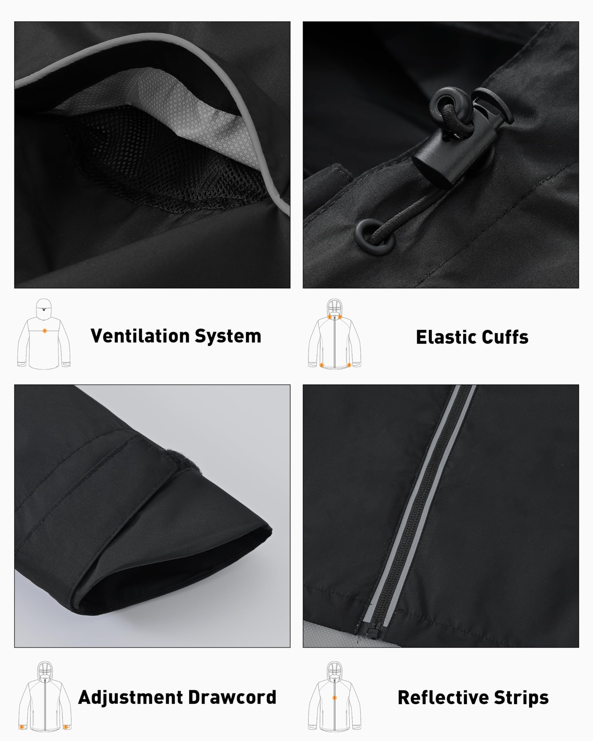ATLASLAVA Men's Packable Rain Jackets Lightweight Waterproof Reflective Windbreaker Coat with Hood Cycling Running Golf Black 3XL