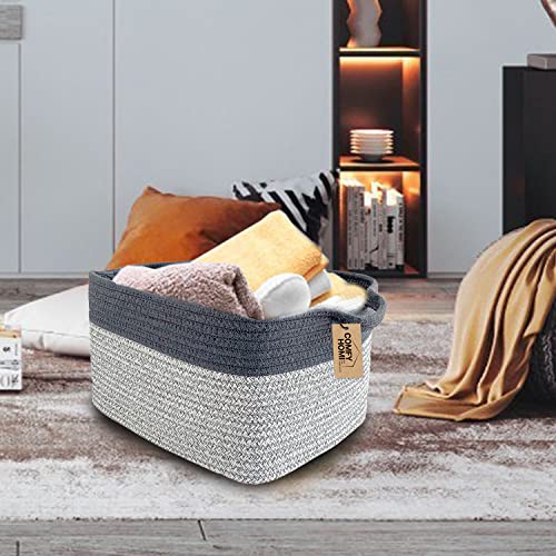 COMFY-HOMI 13.5"x11"x 9.5" Square Cotton Rope Woven Basket with Handle Laundry Storage Bin (Set of 2) Brown and Light Grey