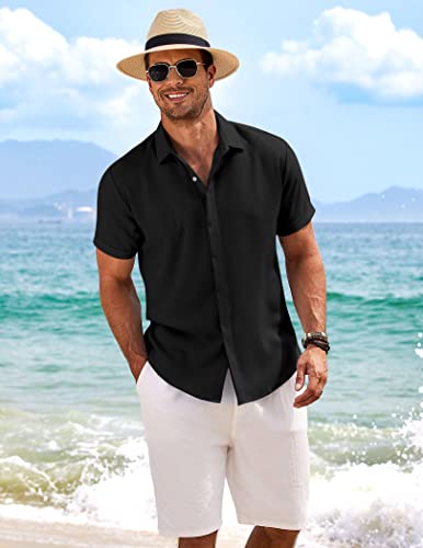 COOFANDY Men's Linen Shirts Short Sleeve Casual Shirts Button Down Shirt for Men Beach Summer Wedding Shirt Black