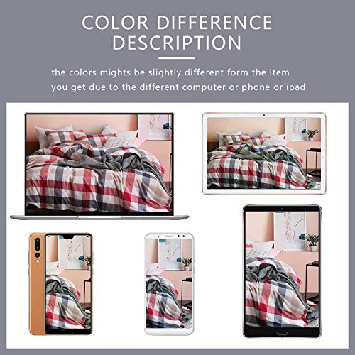 ECOCOTT 3 Pieces Duvet Cover Set Queen 100% Washed Cotton 1 Duvet Cover with Zipper and 2 Pillowcases, Ultra Soft and Easy Care Breathable Cozy Simple Style Bedding Set(Red,Blue and White Grid)