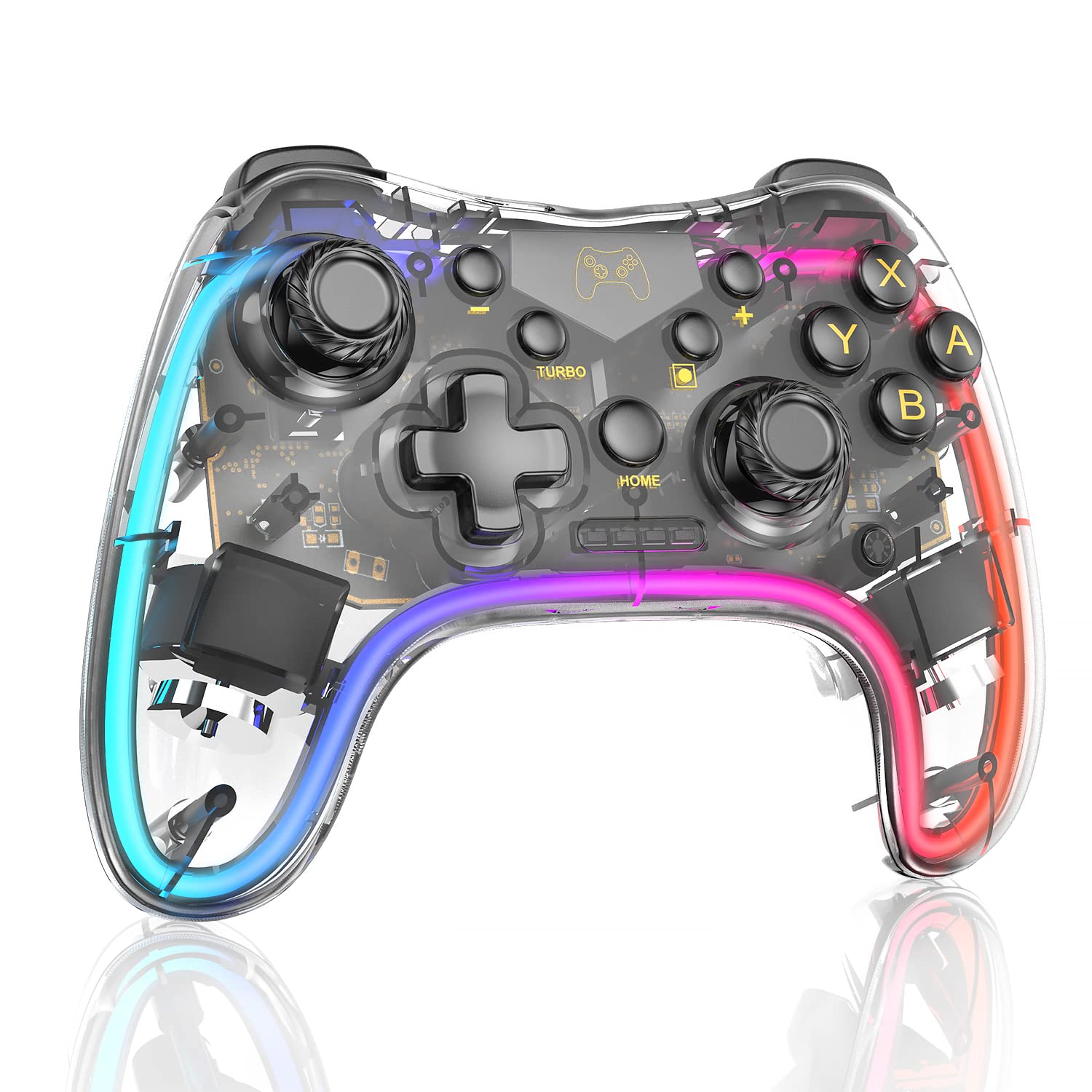 Babomi Switch Controllers, Switch Pro Controller Compatible with Nintendo Switch/Oled/Lite, Pro Controller Switch with LED Lights, 6 Gyro Axis, Turbo and Dual Vibration (Transparent)