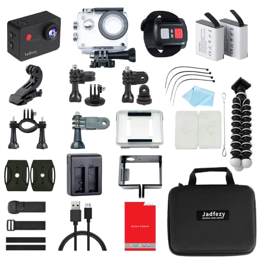 Jadfezy Action Camera 4K with WiFi, Remote Control, Sports Camera with Charger and 2×1350 mAh Batteries, 30M/98FT Waterproof Camera Mounting Accessories for Helmet and Bicycle etc. (4K 30FPS)